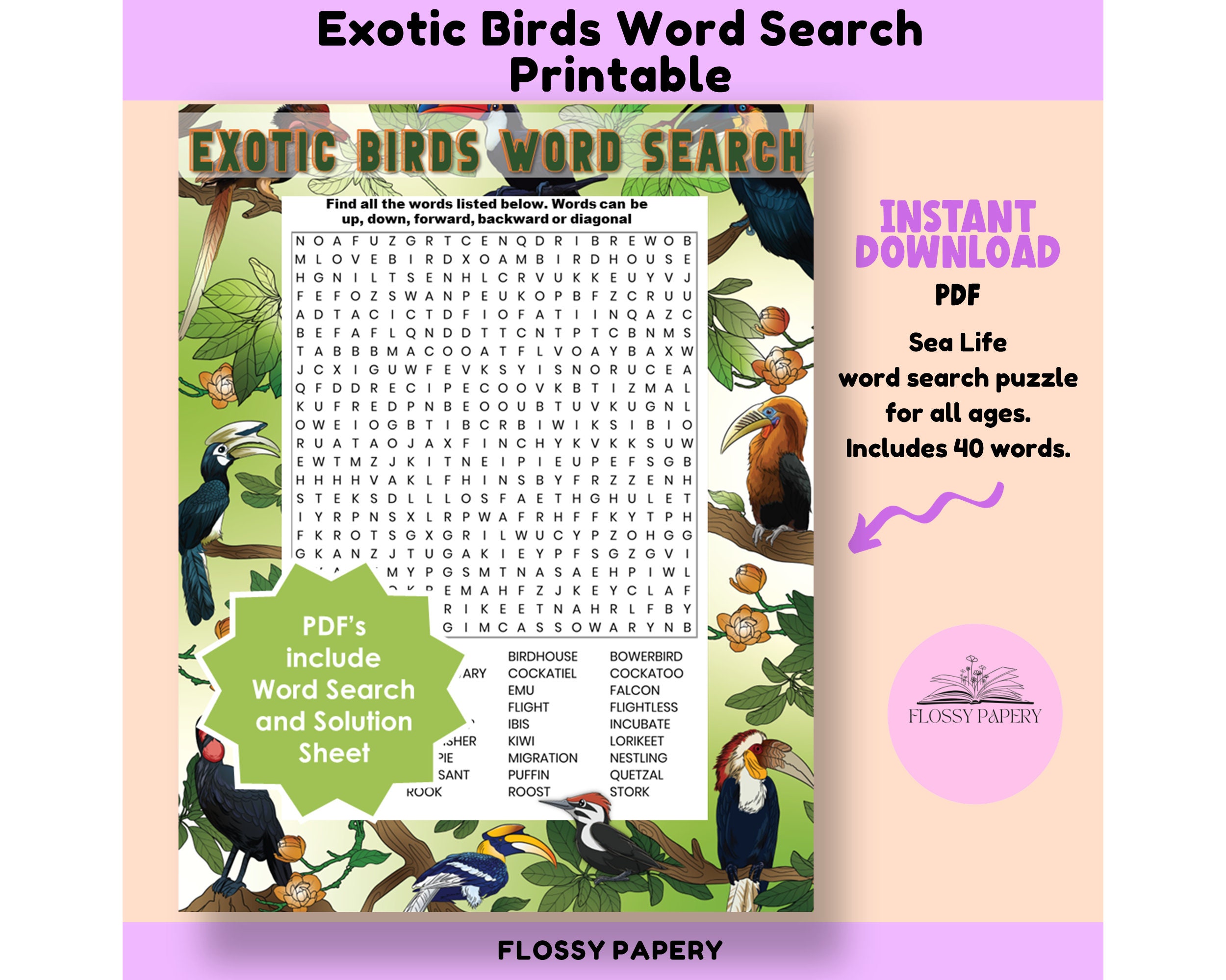 Exotic Birds Word Search Printable PDF. Large Word Search Puzzle. - Etsy