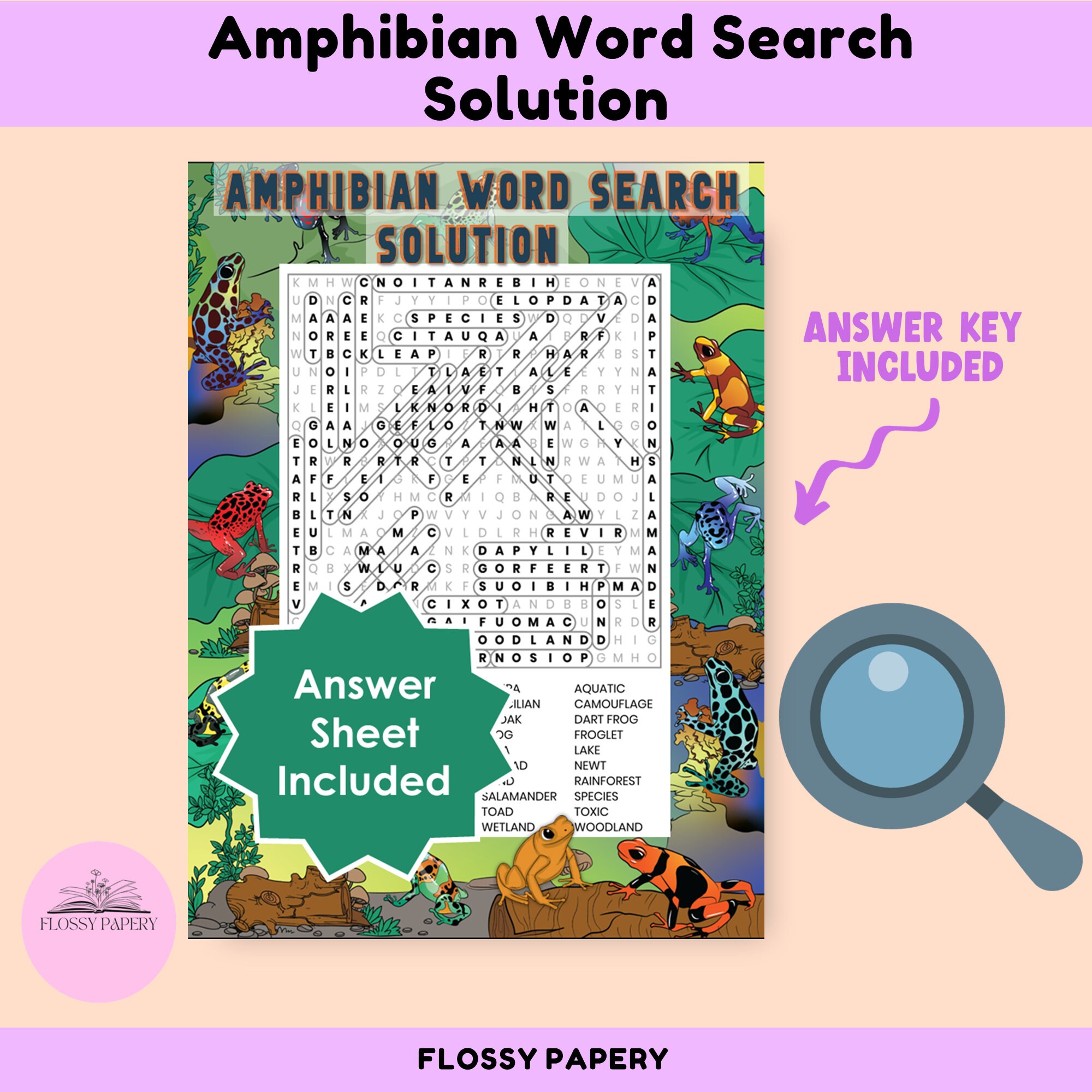 Amphibian Word Search Printable PDF. Large Word Search Puzzle. - Etsy