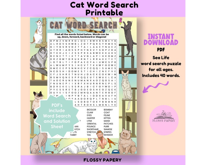 Cat Word Search Printable PDF. Large Word Search Puzzle. - Etsy