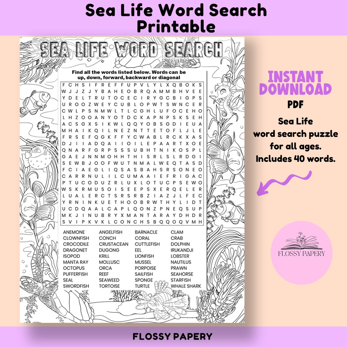 Sea Life Word Search Puzzle - Etsy
