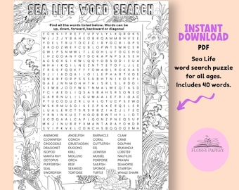 Sea Life Word Search Printable PDF. Large Word Search Puzzle. - Etsy