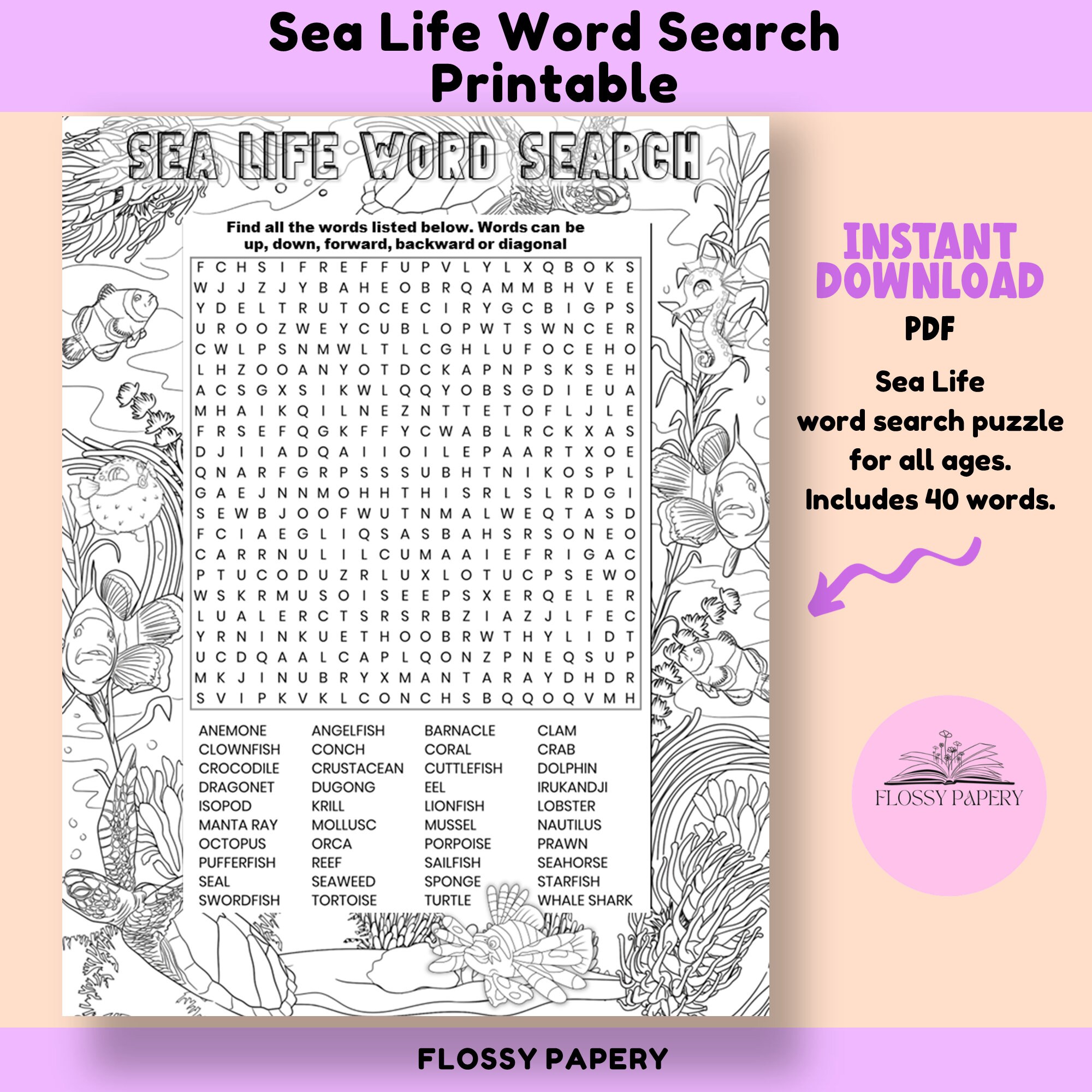 Sea Life Word Search Puzzle - Etsy