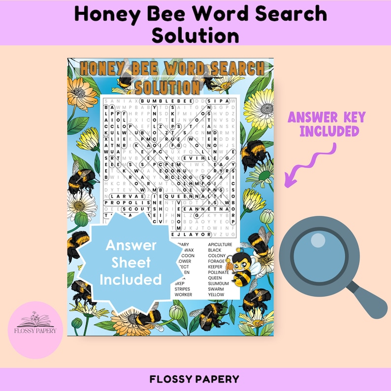 Honey Bee Word Search Printable PDF. Large Word Search Puzzle. - Etsy