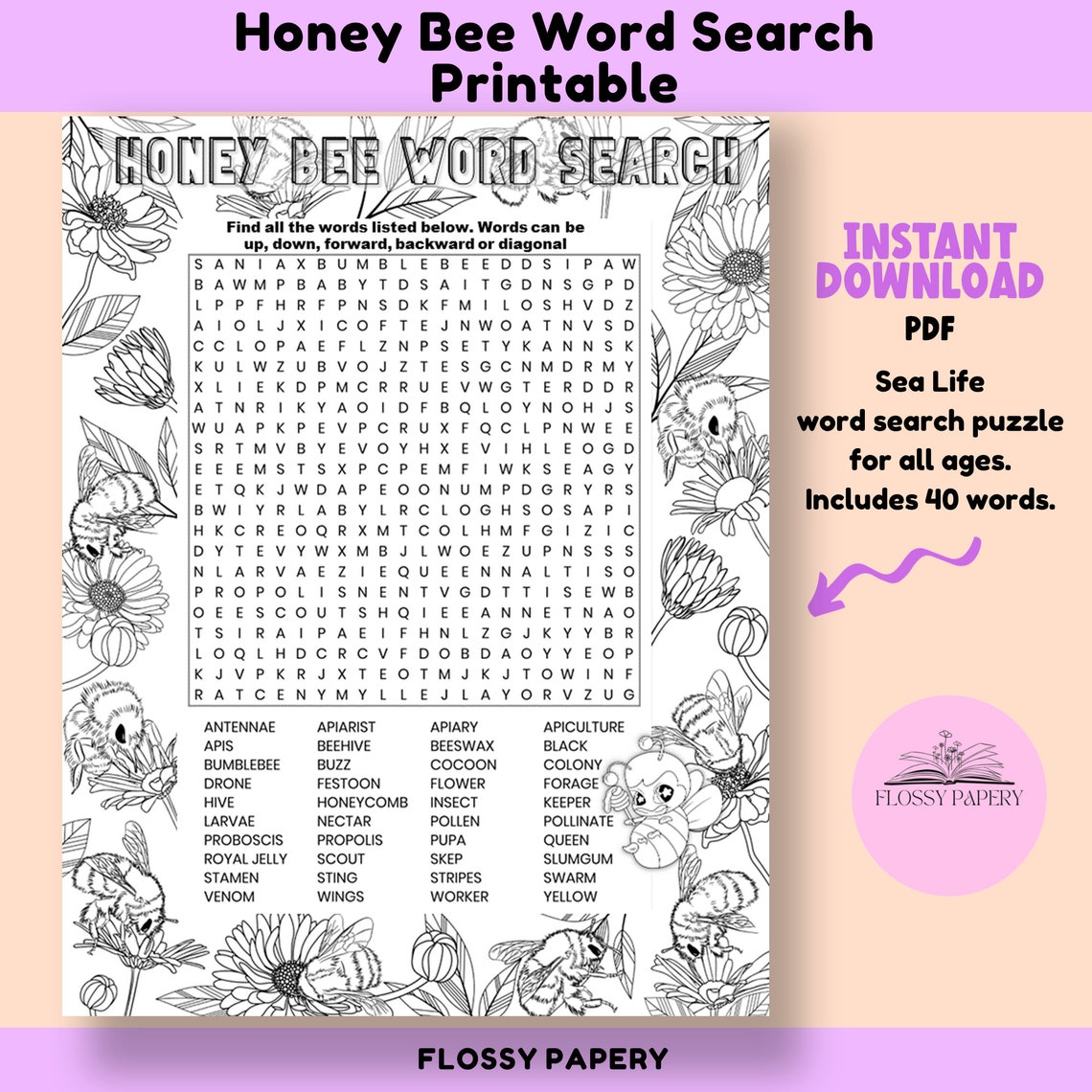 Honey Bee Word Search - Etsy