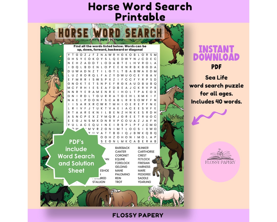 Horse Word Search Printable PDF. Large Word Search Puzzle. - Etsy