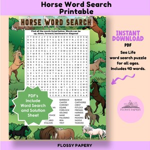 Horse Word Search Printable PDF. Large Word Search Puzzle. - Etsy