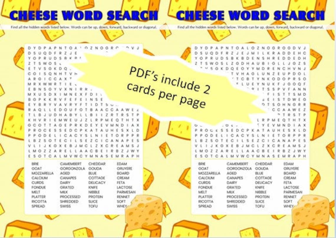 Cheese Word Search Printable PDF. Large Word Search Puzzle. - Etsy