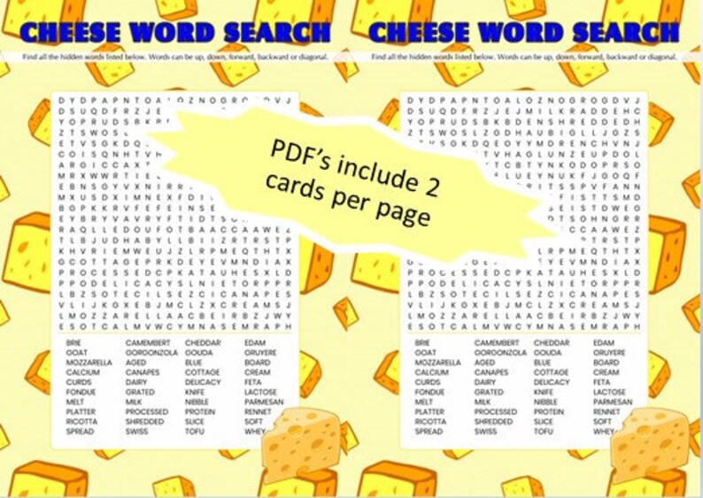 Cheese Word Search Printable PDF. Large Word Search Puzzle. - Etsy