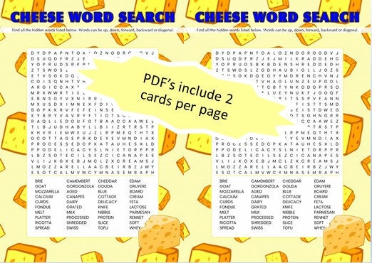 Cheese Word Search Printable PDF. Large Word Search Puzzle. - Etsy