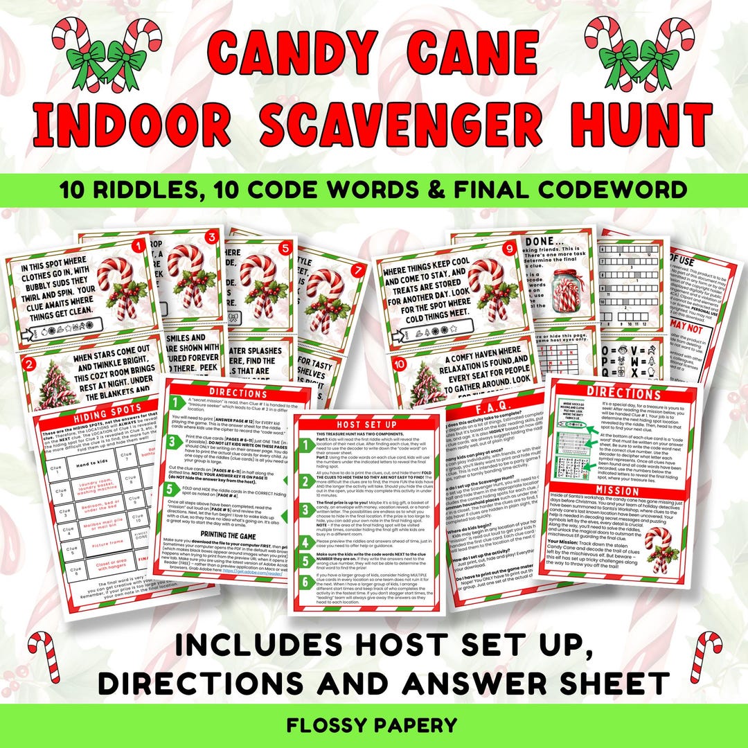 Candy Cane Indoor Scavenger Hunt, Christmas Treasure Hunt, Printable ...
