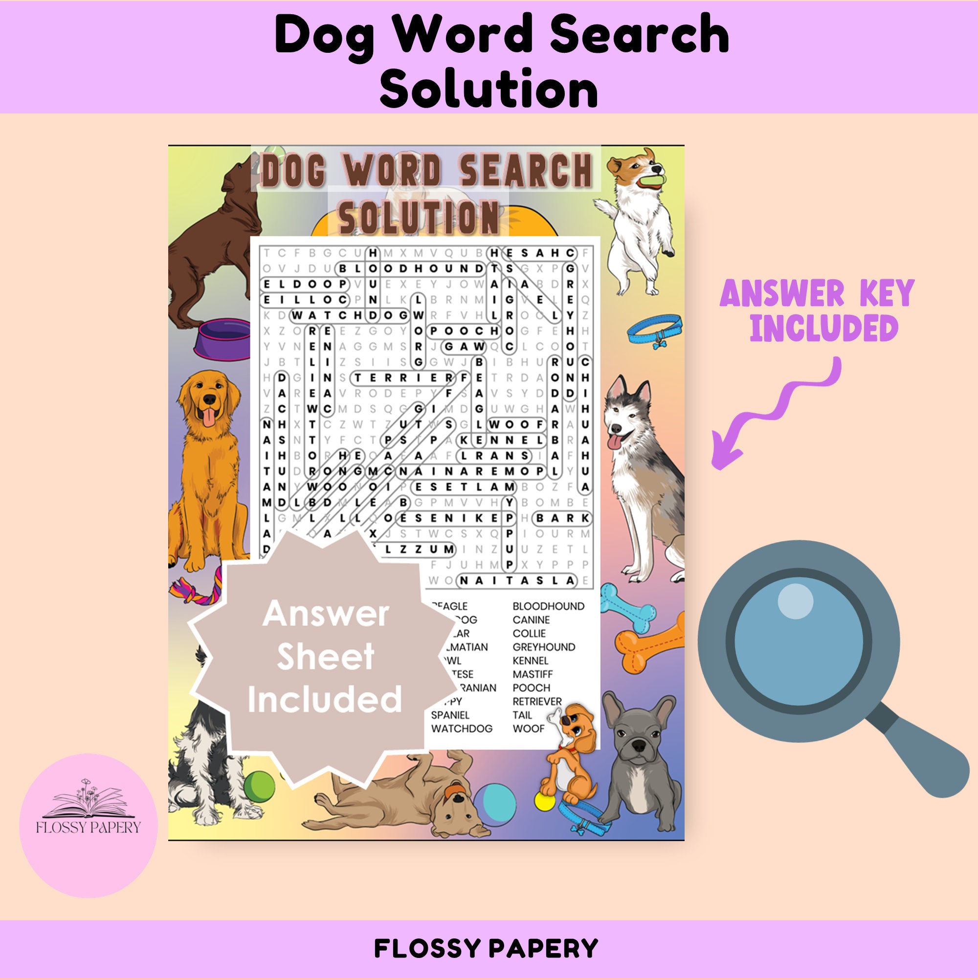 Dog Word Search Printable PDF. Large Word Search Puzzle. - Etsy