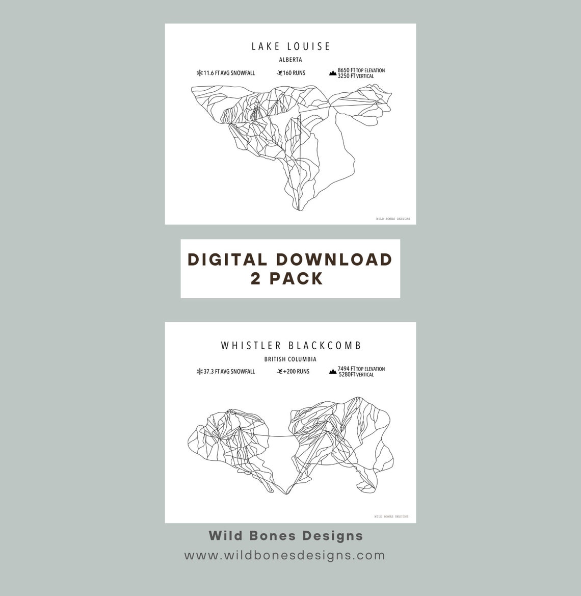 2 Bundle Pack Digital Download -ski Map -mountain Bike Map -minimalist ...