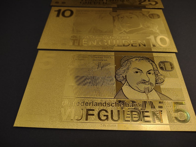 Set of Gold Dutch Banknotes From 60s and 70s, 5, 10, 25 & 100 Guilders ...