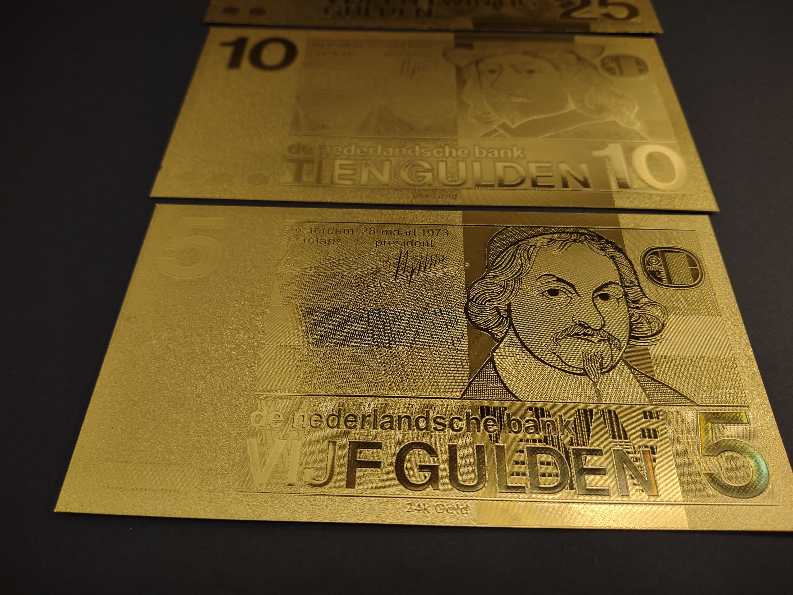 Set of Gold Dutch Banknotes From 60s and 70s, 5, 10, 25 & 100 Gulden ...