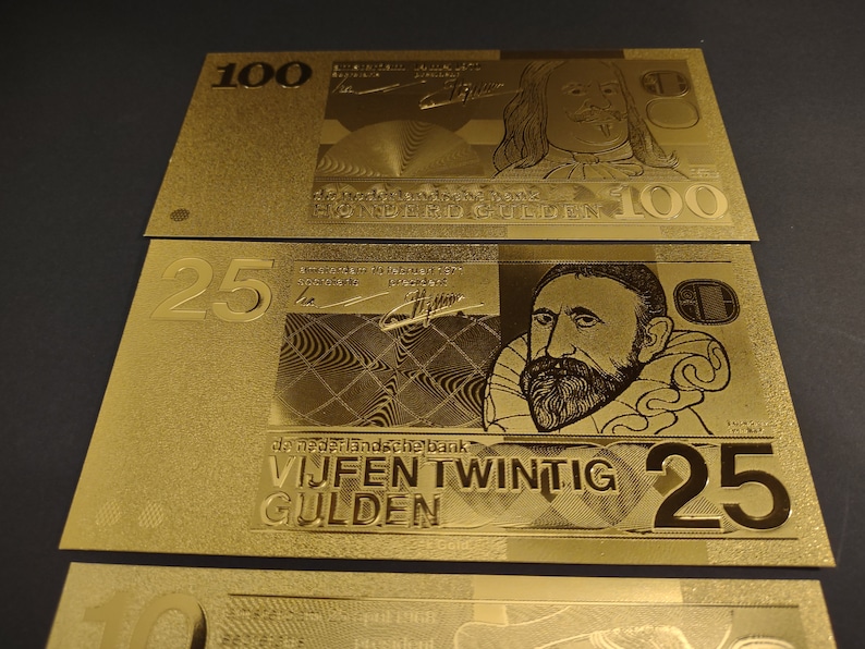 Set of Gold Dutch Banknotes From 60s and 70s, 5, 10, 25 & 100 Guilders ...