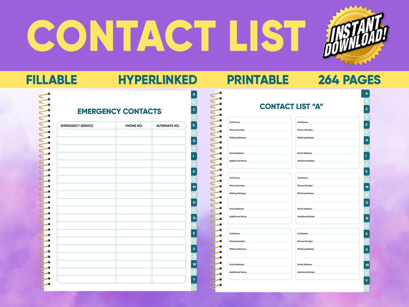 Digital Contact List, Printable Contact List, Fillable Contact List ...