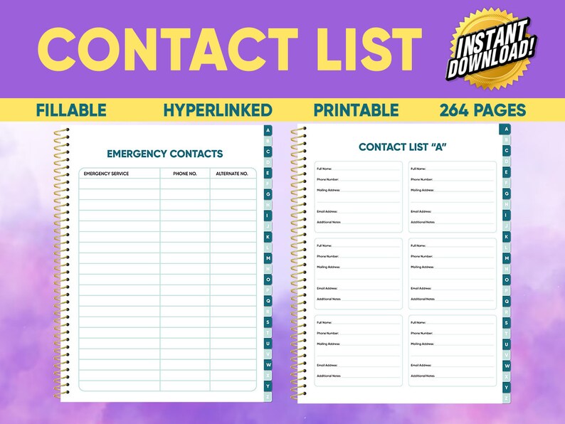Digital Contact List, Printable Contact List, Fillable Contact List ...