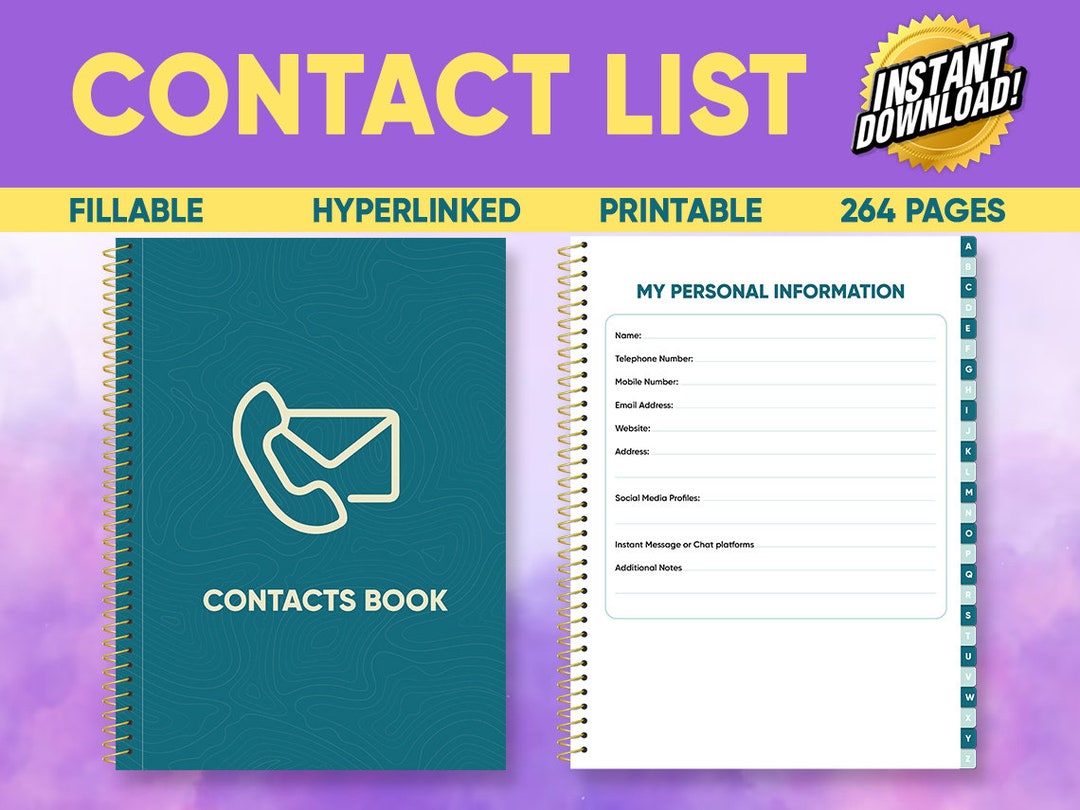 Digital Contact List, Printable Contact List, Fillable Contact List ...
