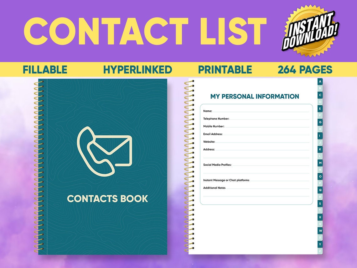 Digital Contact List, Printable Contact List, Fillable Contact List ...