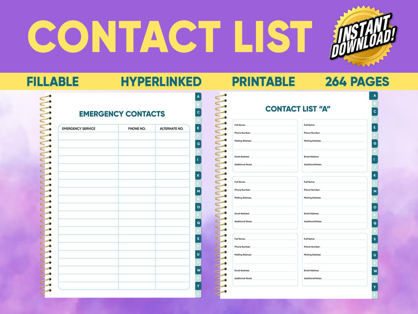 Digital Contact List, Printable Contact List, Fillable Contact List ...