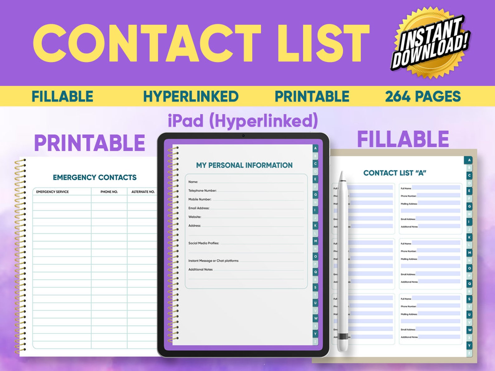 Digital Contact List, Printable Contact List, Fillable Contact List ...