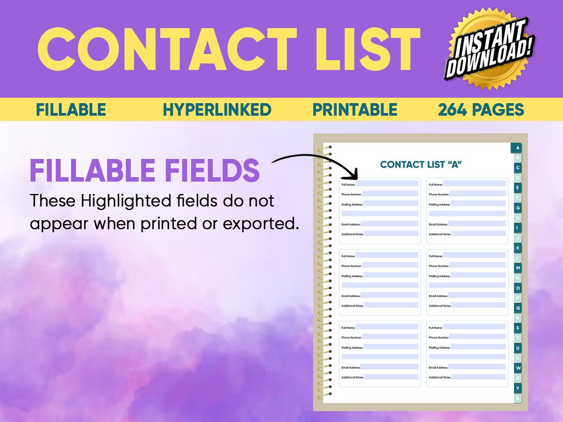 Digital Contact List Printable Contact List Fillable Contact List