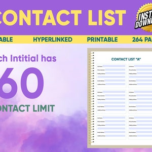 Digital Contact List, Printable Contact List, Fillable Contact List ...