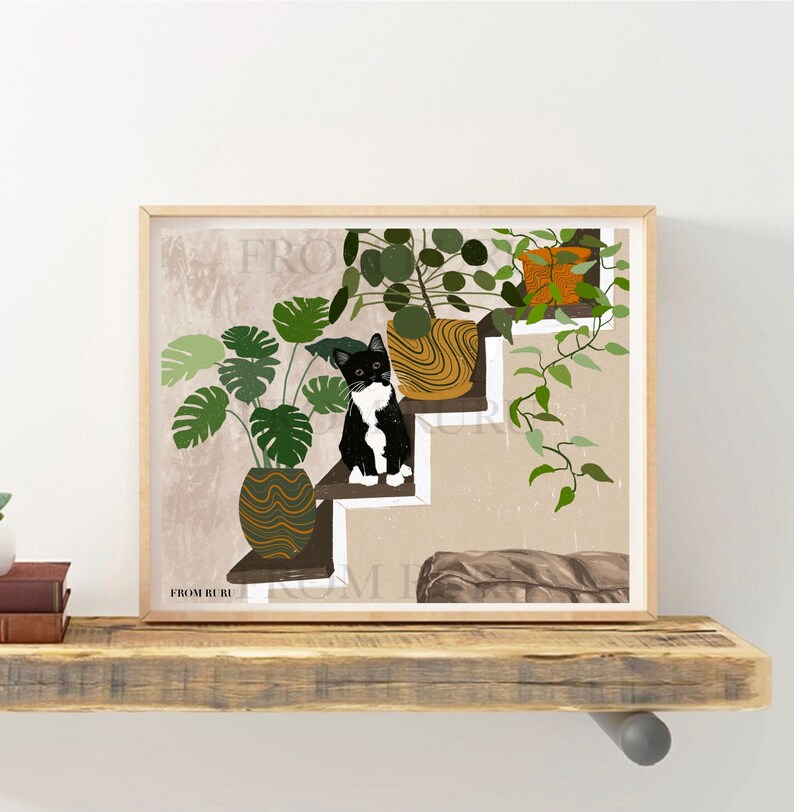 Tuxedo Cat Art Print White and Black Cat Art Plant Art - Etsy