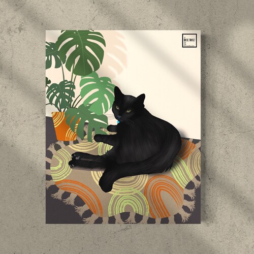 Cat With Monstera Plant Black Cat With House Plants - Etsy