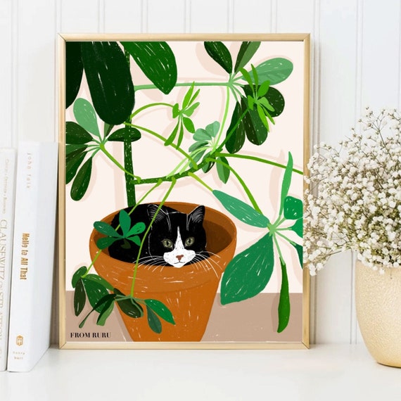 Cat in Plant Tuxedo Cat Art Plant Art Umbrella Plant - Etsy