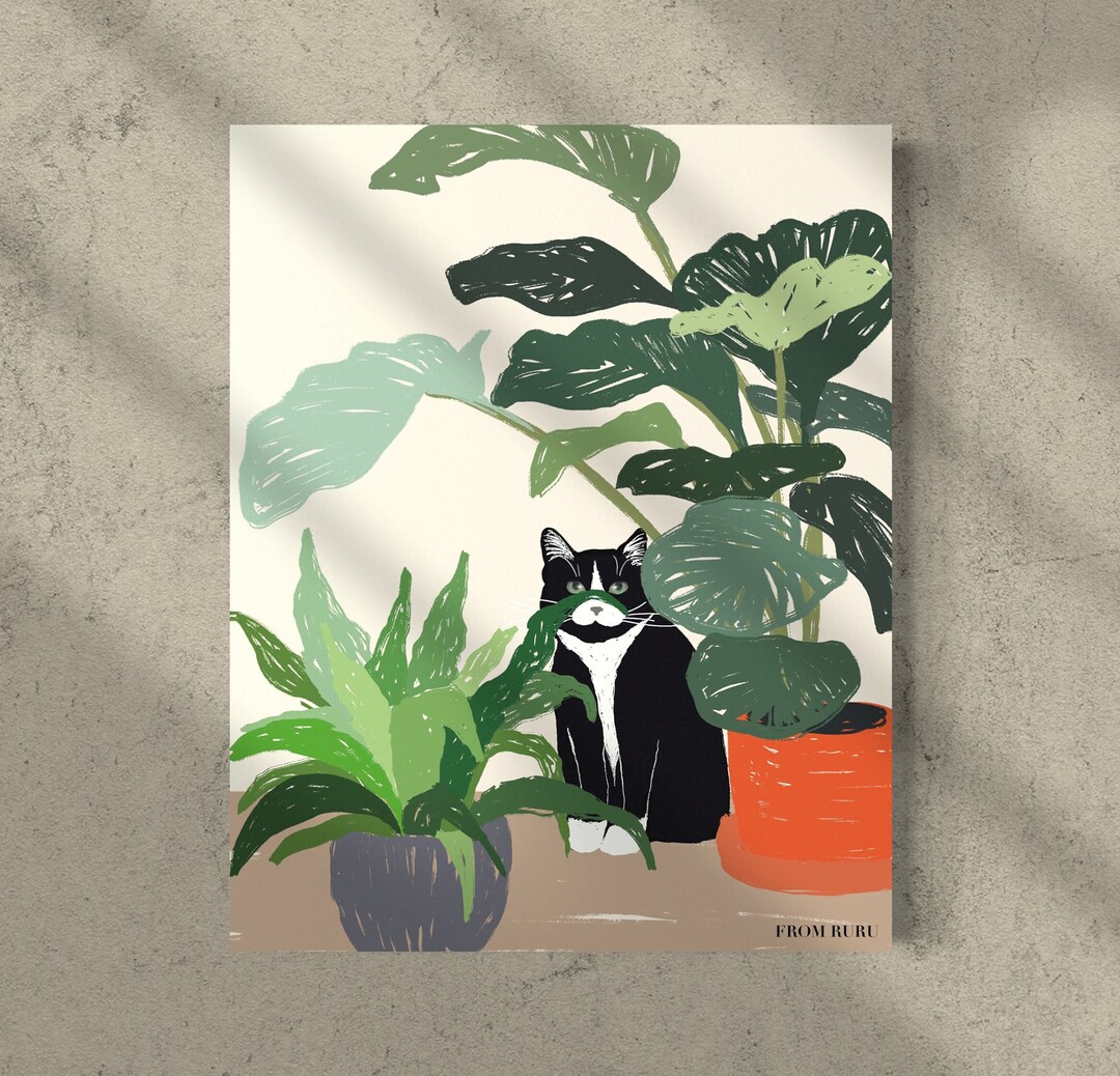 Cat Plant Art, Tuxedo Cat Art, White and Black Cat, Black Cat Art ...