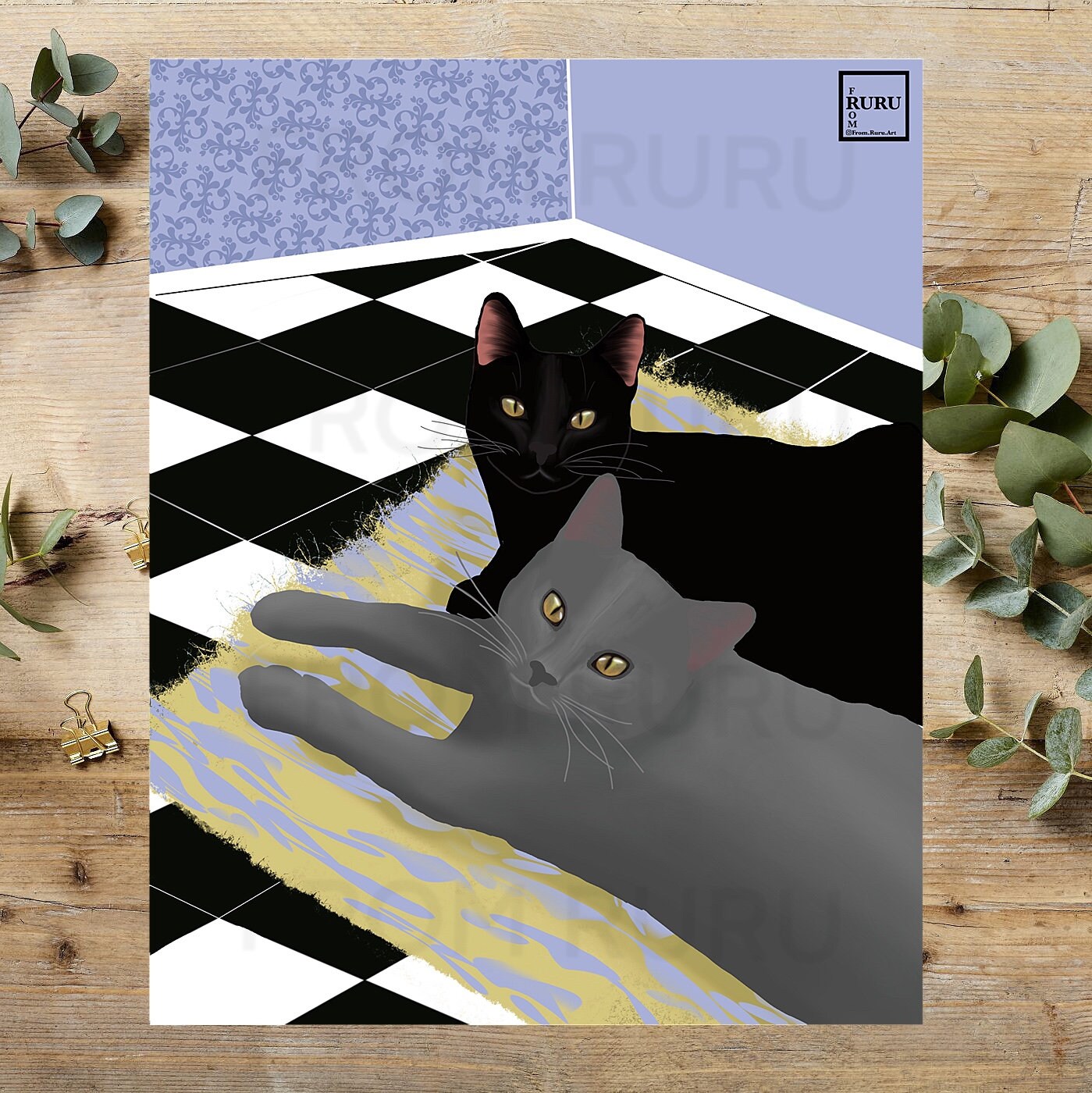 Black and gray cat art gray cat art print black cat art | Etsy