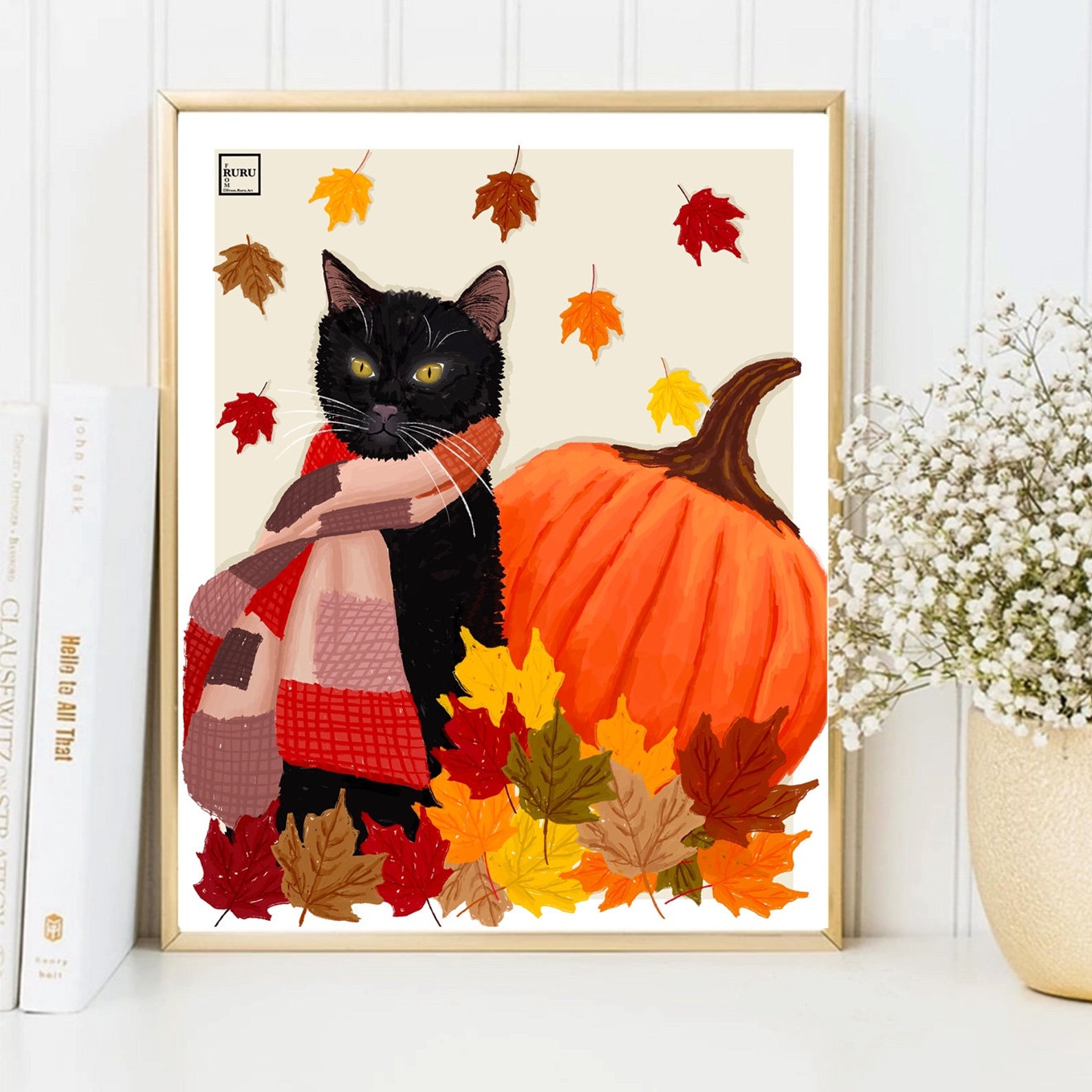 Fall Cat Black Cat Wearing Scarf Pumpkin Cat Print Autumn - Etsy