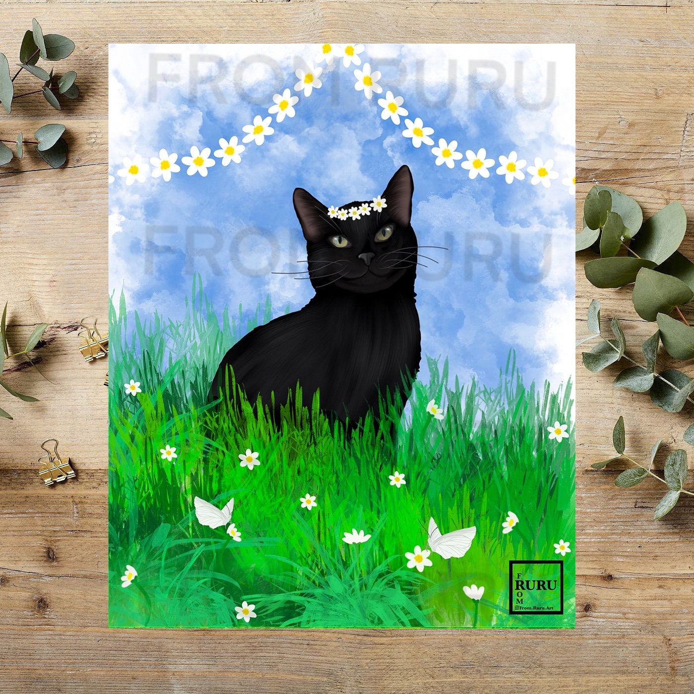 Black Cat in Daisy Field Spring Black Cat Art Print Cat | Etsy