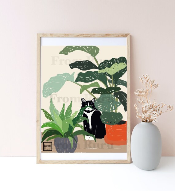 Cat plant art tuxedo cat art white and black cat black cat | Etsy