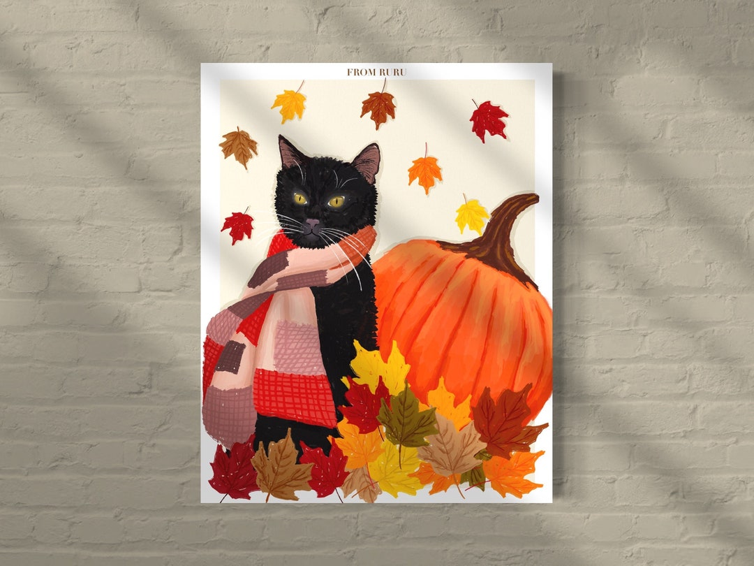 Fall Cat, Black Cat Wearing Scarf, Pumpkin Cat Print, Autumn Cat Art ...
