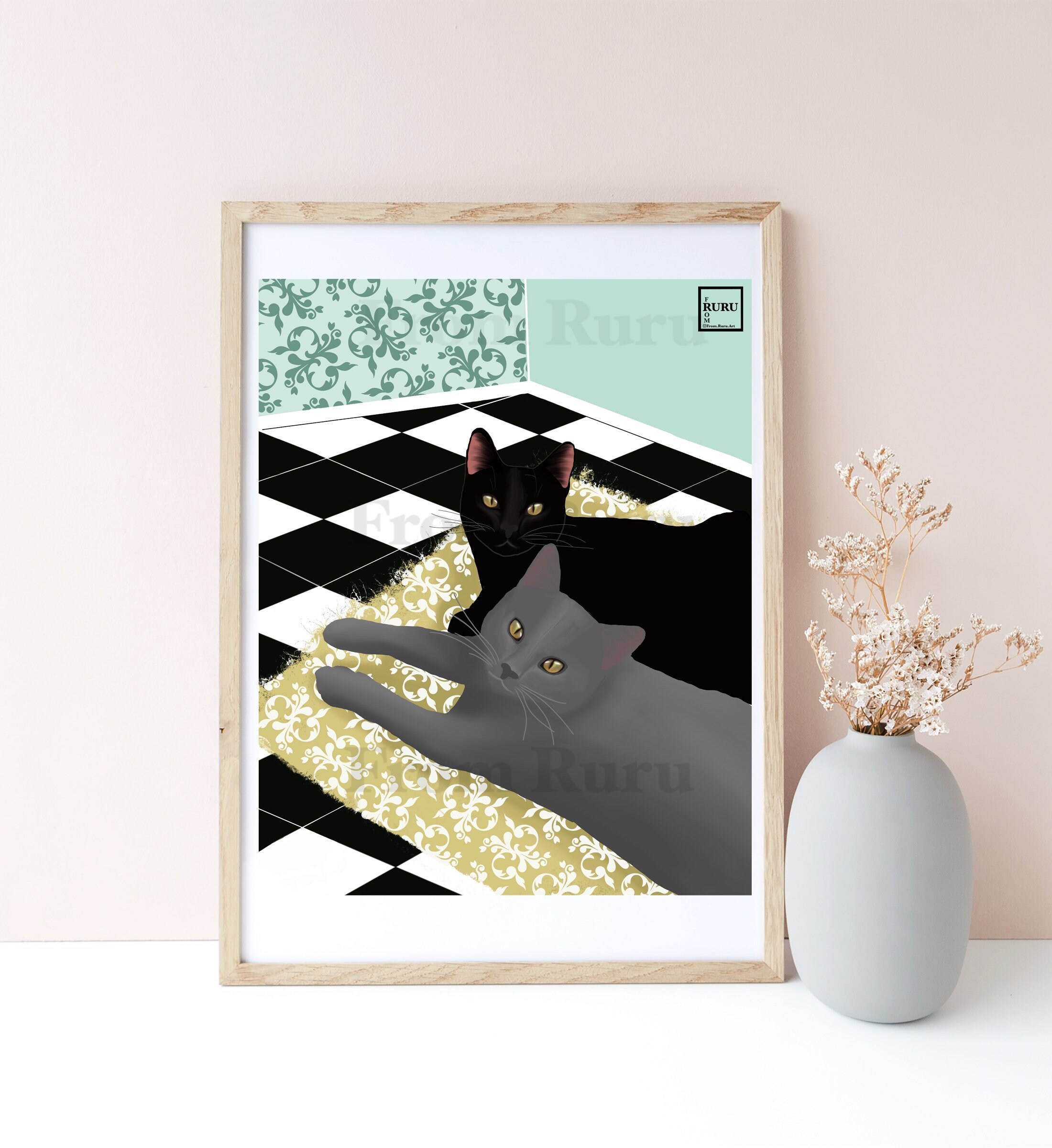 Black and gray cat art gray cat art print black cat art | Etsy