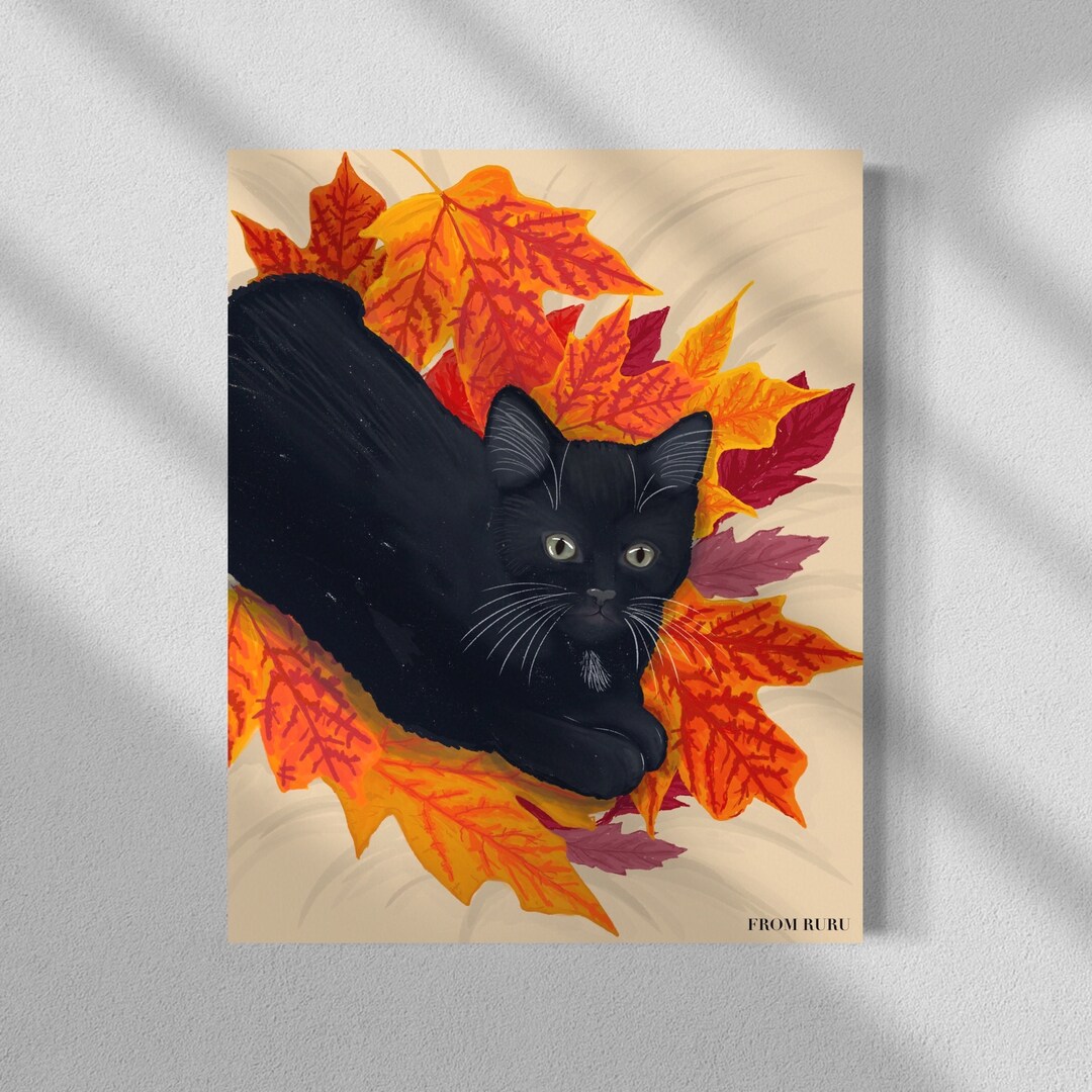 Halloween Cat Art, Black Cat Art With Autumn Leaves, Fall Cat Art ...