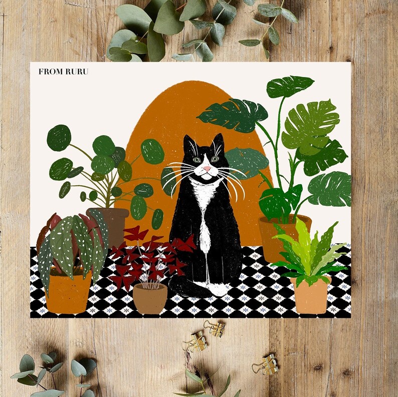 Tuxedo Cat With Plants Cat Plant Art Houseplant Art Cat | Etsy