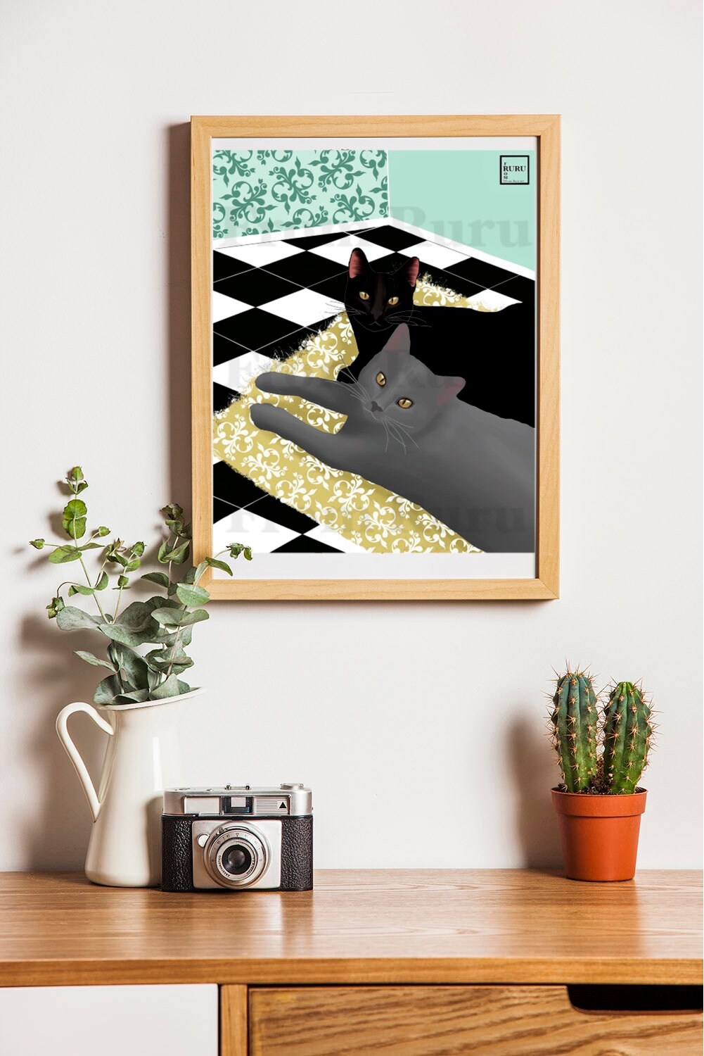 Black and gray cat art gray cat art print black cat art | Etsy