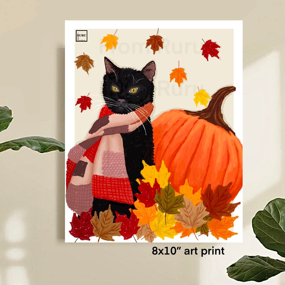 Fall Cat Black Cat Wearing Scarf Pumpkin Cat Print Autumn - Etsy