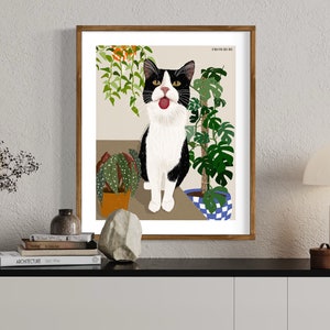 Tuxedo Cat Art Print, Cat and Plant Art, Cat Art, Plant Lover Gift ...