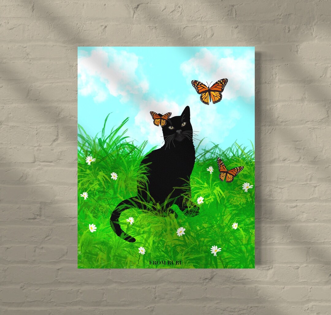 Black Cat Spring Flowers Art Print Floral Cat Easter Black Cat ...