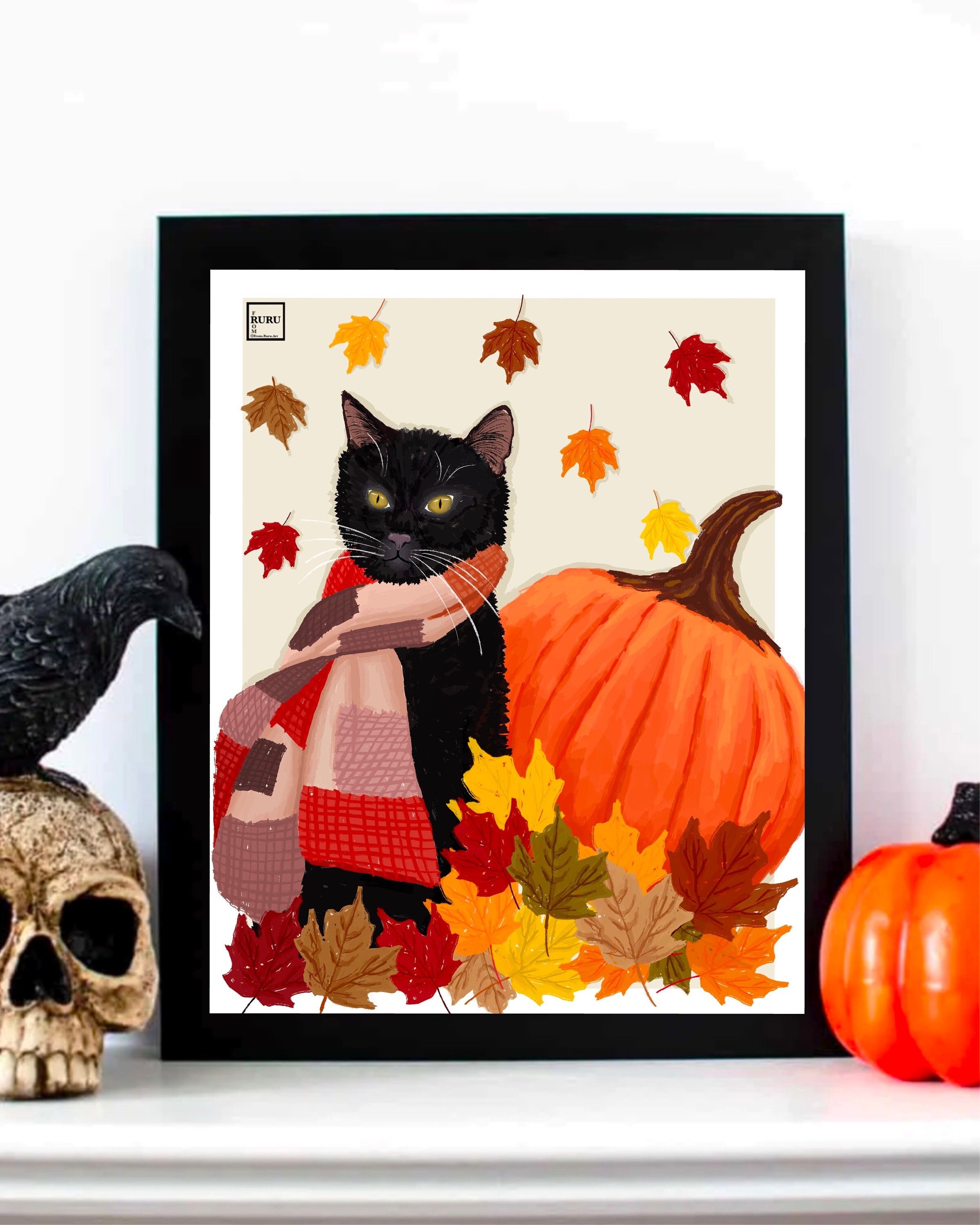 Fall Cat Black Cat Wearing Scarf Pumpkin Cat Print Autumn - Etsy