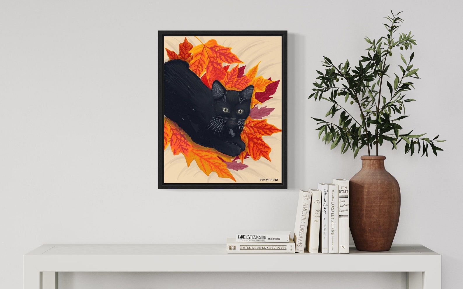 Halloween Cat Art, Black Cat Art With Autumn Leaves, Fall Art, Autumn ...