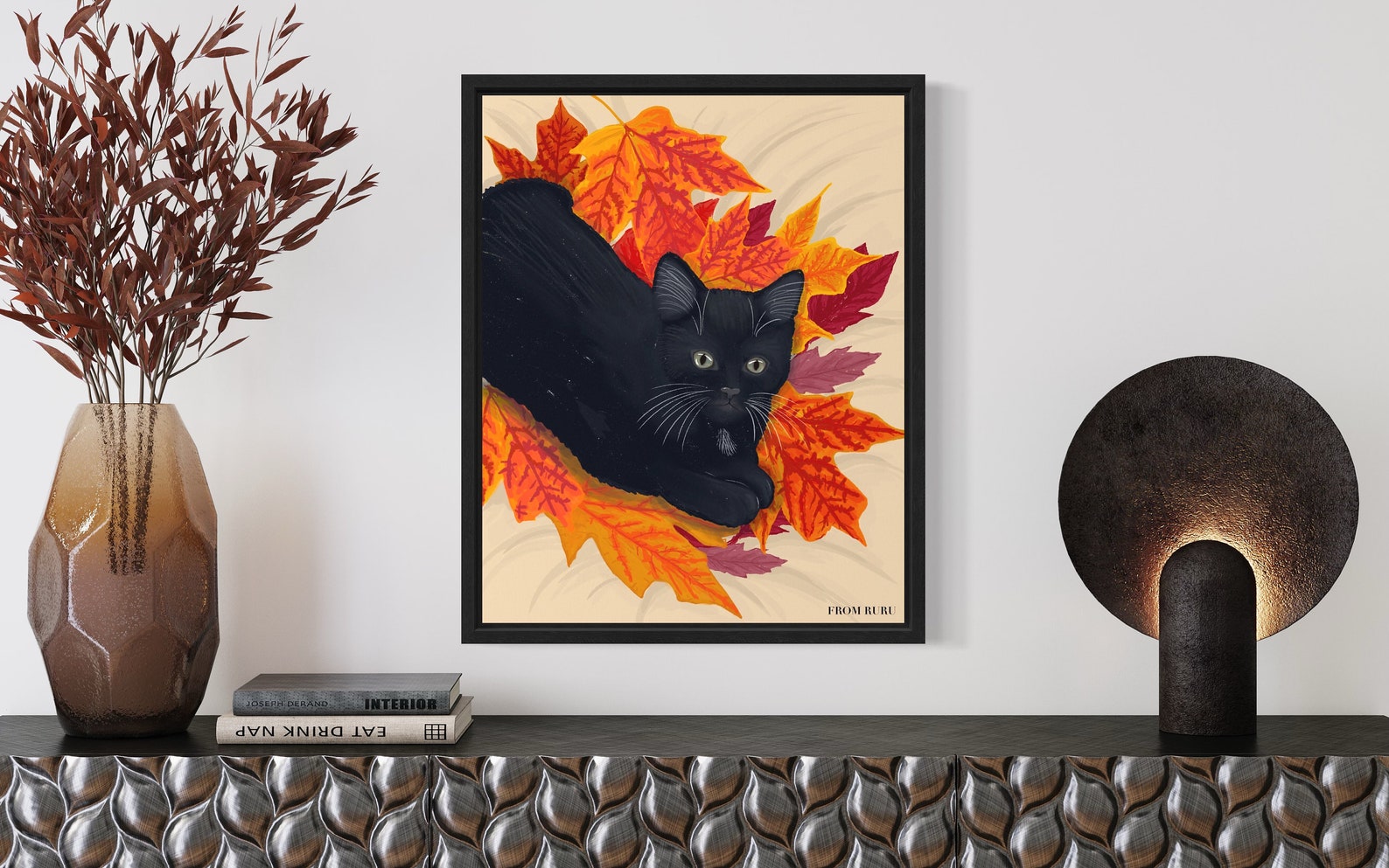 Halloween Cat Art Black Cat Art With Autumn Leaves Fall Cat - Etsy