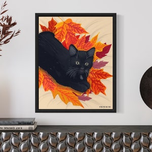Halloween Cat Art, Black Cat Art With Autumn Leaves, Fall Art, Autumn ...