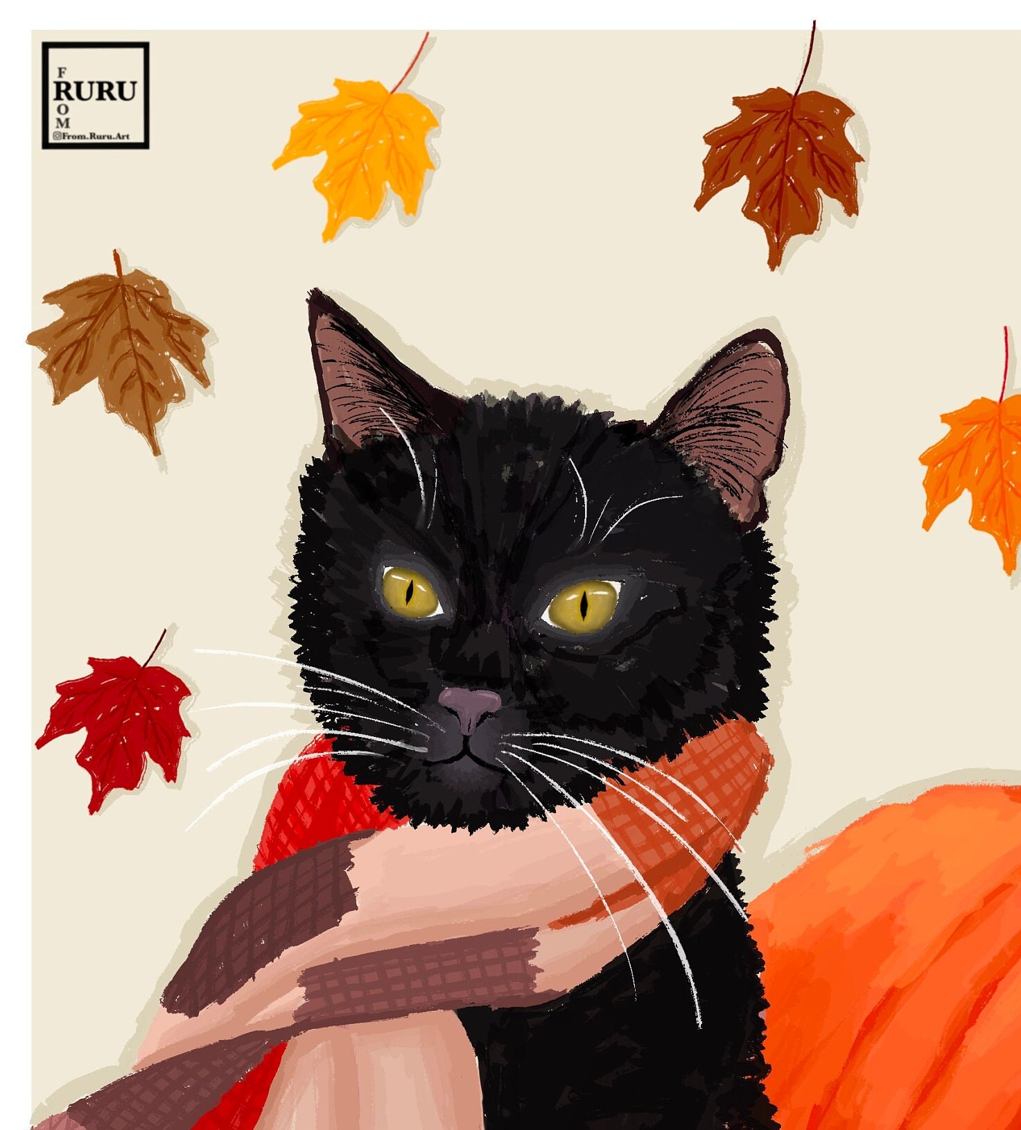 Fall Cat Black Cat Wearing Scarf Pumpkin Cat Print Autumn - Etsy