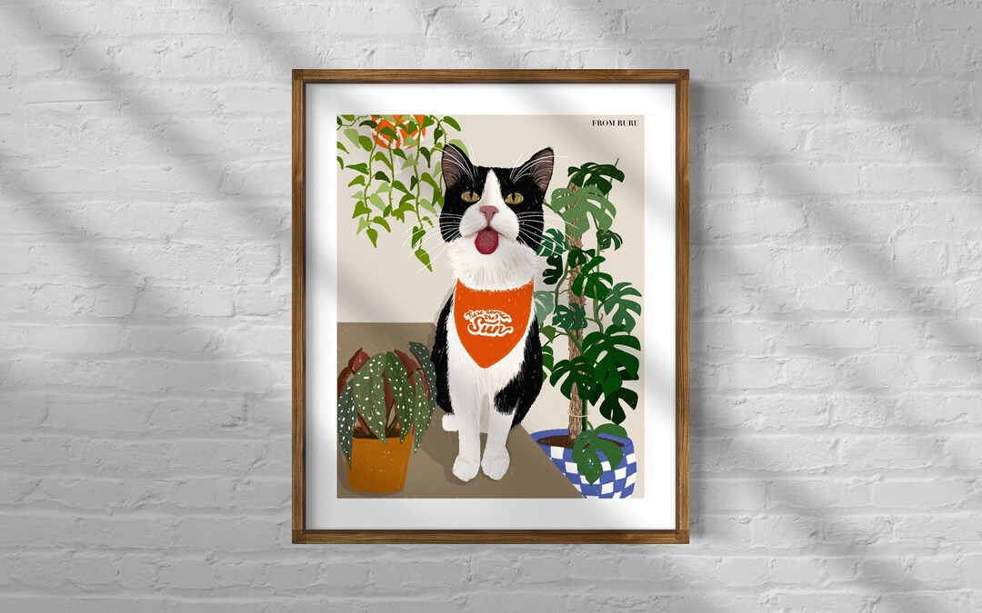 Tuxedo Cat Art Print, Cat and Plant Art, Cat Art, Plant Lover Gift ...