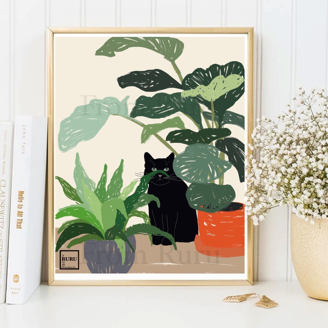 Cat Plant Art Tuxedo Cat Art White and Black Cat Black Cat | Etsy